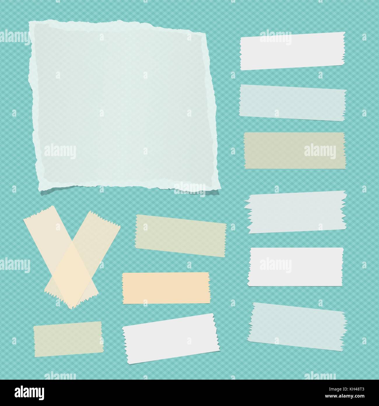 White ripped notebook, note paper sheet, sticky adhesive sticky tape ...
