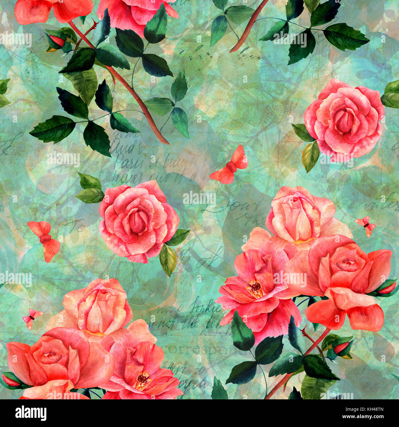 Vintage style collage. Seamless pattern with watercolor drawings of red ...