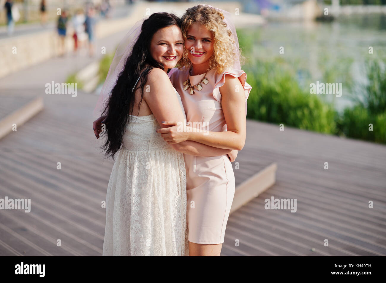 Two future brides hugging at hen party Stock Photo - Alamy
