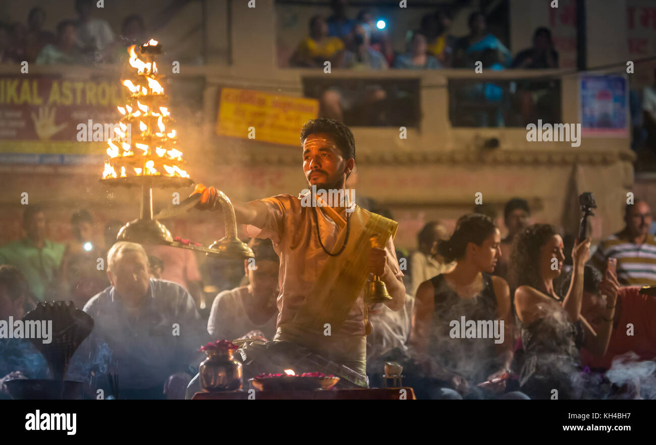 Varanasi Ganga aarti ceremony rituals performed by Hindu priests at ...