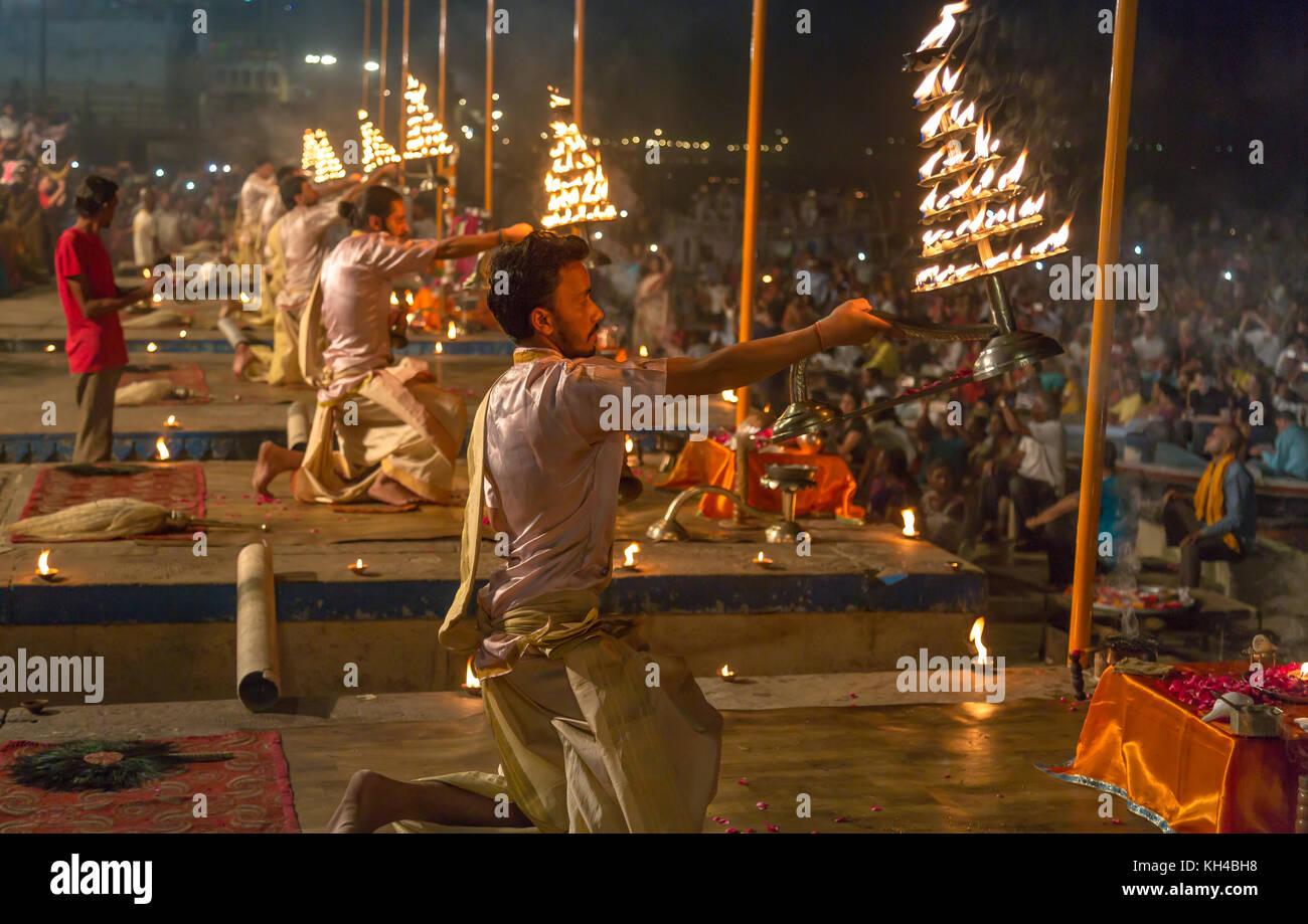 Varanasi Ganga aarti ceremony rituals performed by Hindu priests at ...