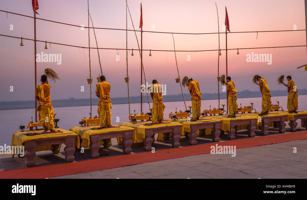 Varanasi Ganga aarti ceremony rituals performed before sunrise by young ...