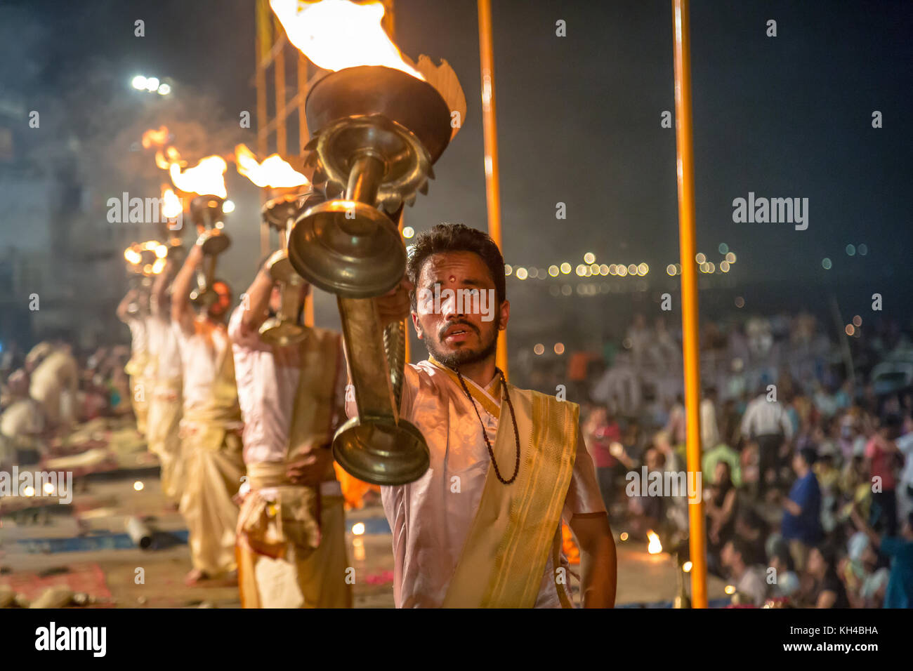 Varanasi Ganga aarti ceremony rituals performed by Hindu priests at ...
