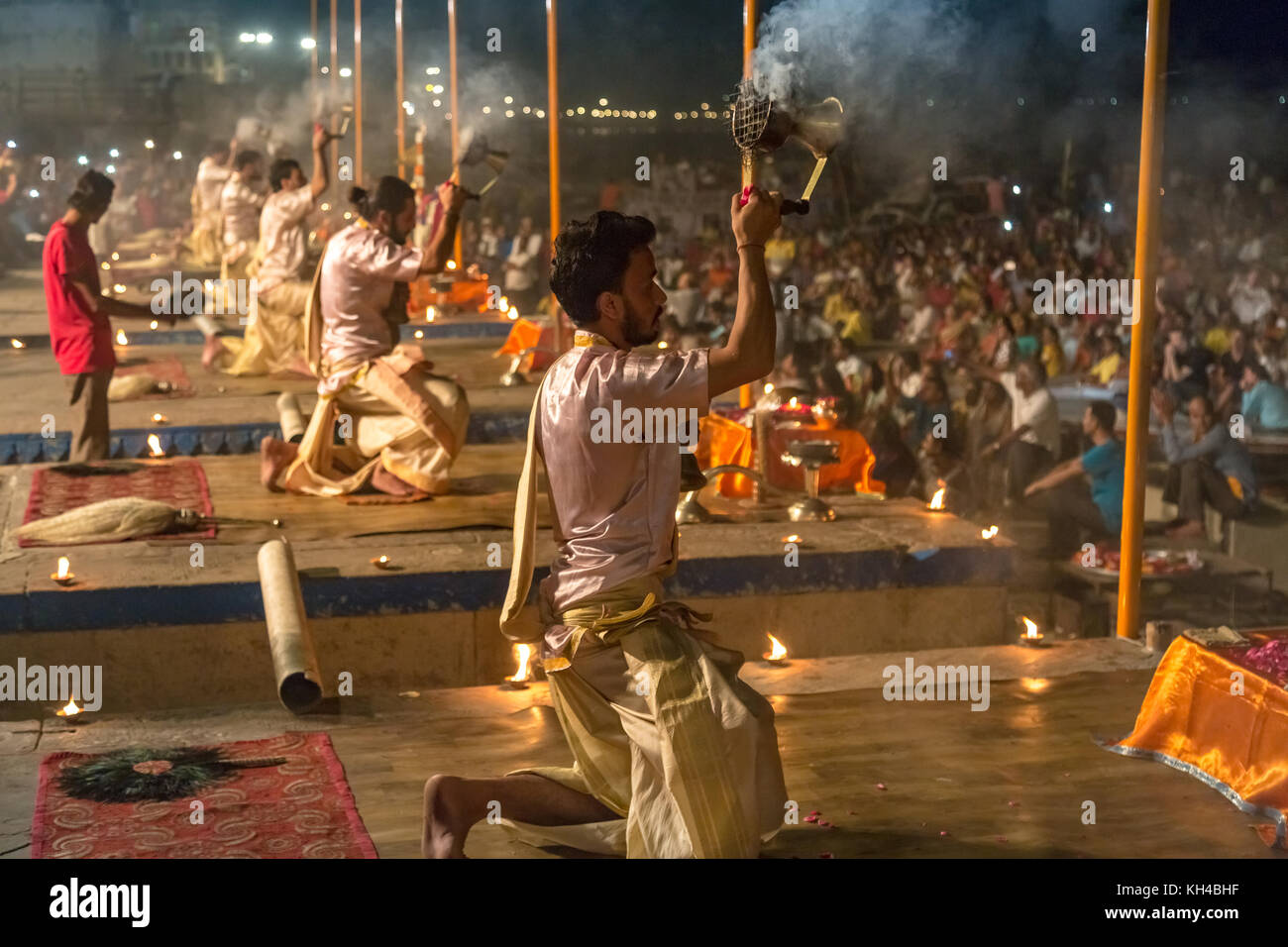 Varanasi Ganga aarti ceremony rituals performed by Hindu priests at ...