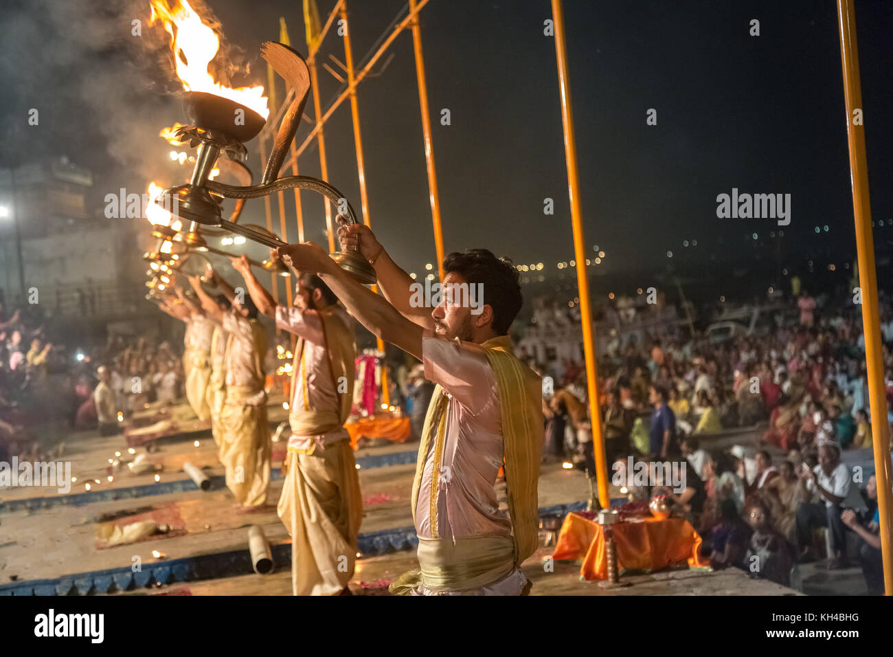 Varanasi Ganga aarti ceremony rituals performed by Hindu priests at ...