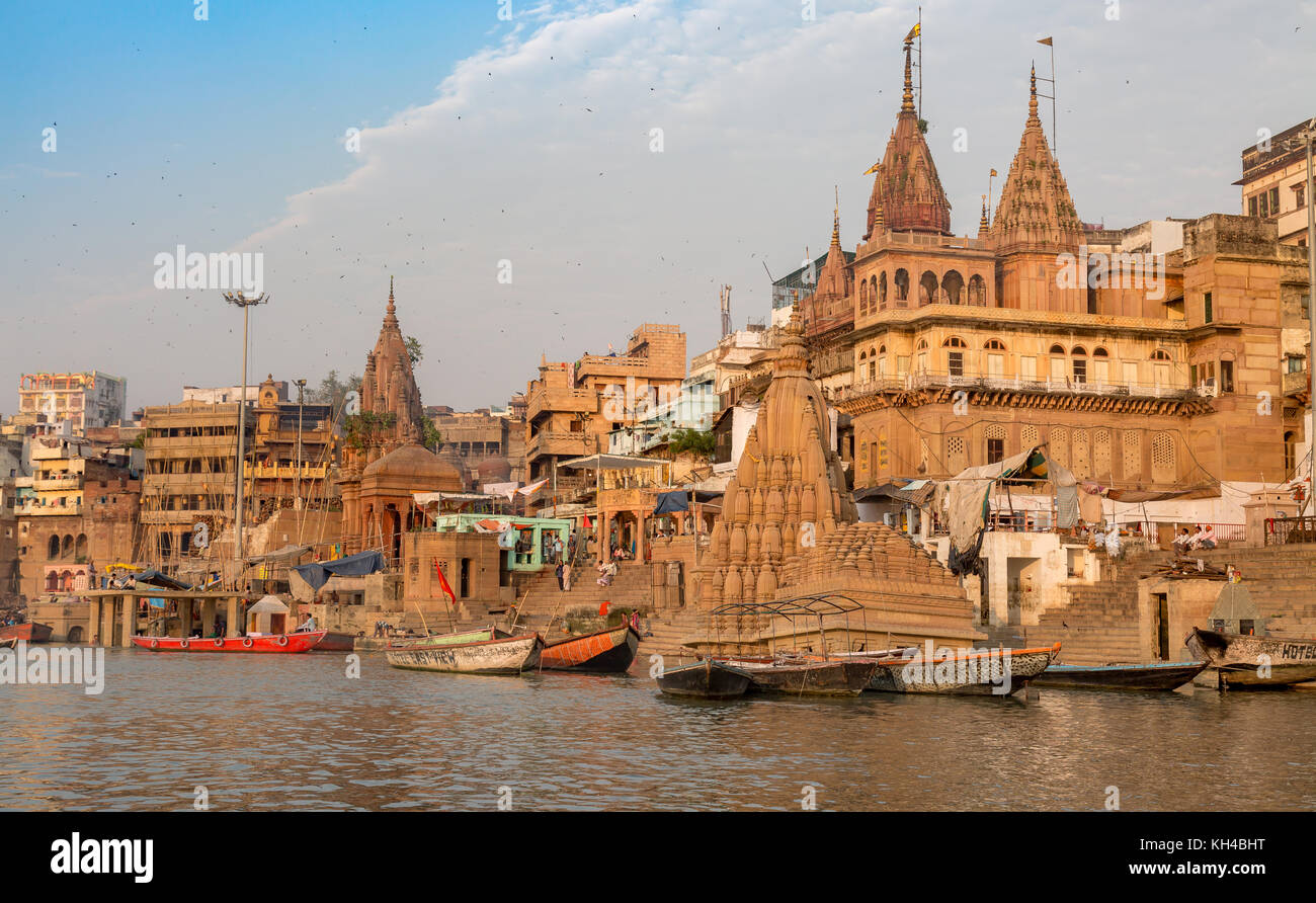 Varanasi city view with old architectural buildings and temples along ...