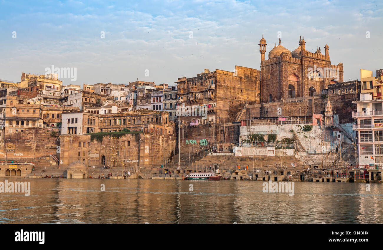 Varanasi city view with old architectural buildings and temples along ...