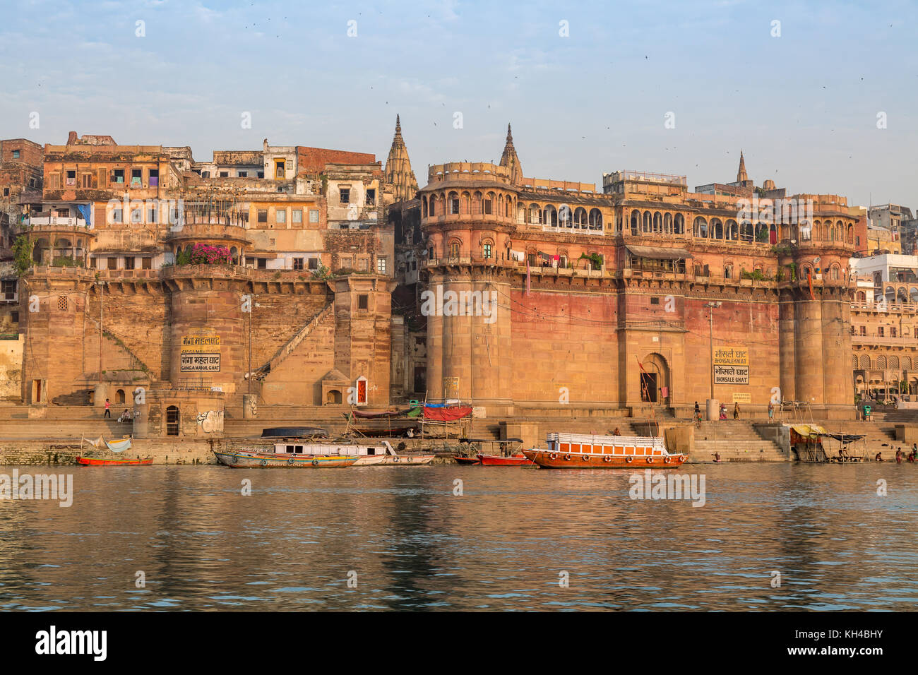 Varanasi city view with old architectural buildings and temples along ...