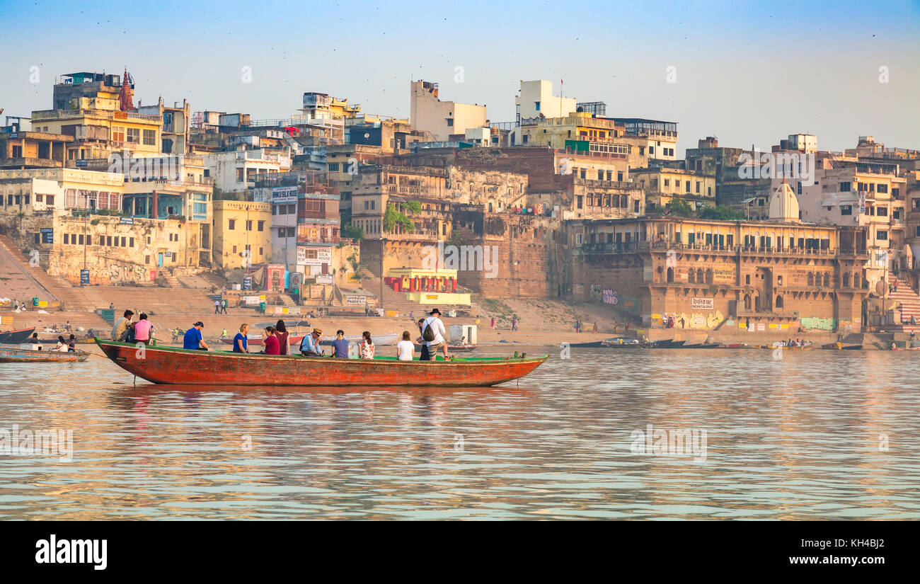 Varanasi city view with old architectural buildings and temples along ...
