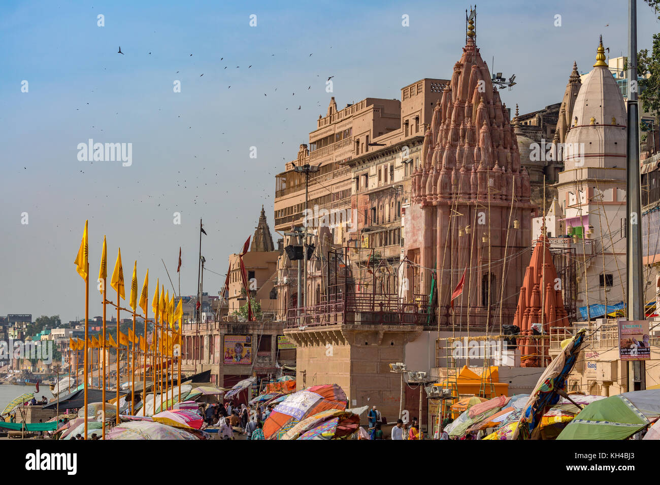 Varanasi city view with old architectural buildings and temples along ...