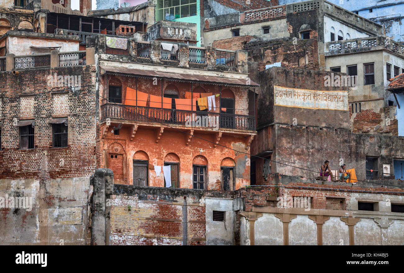Varanasi city architecture with old weathered buildings along the ...