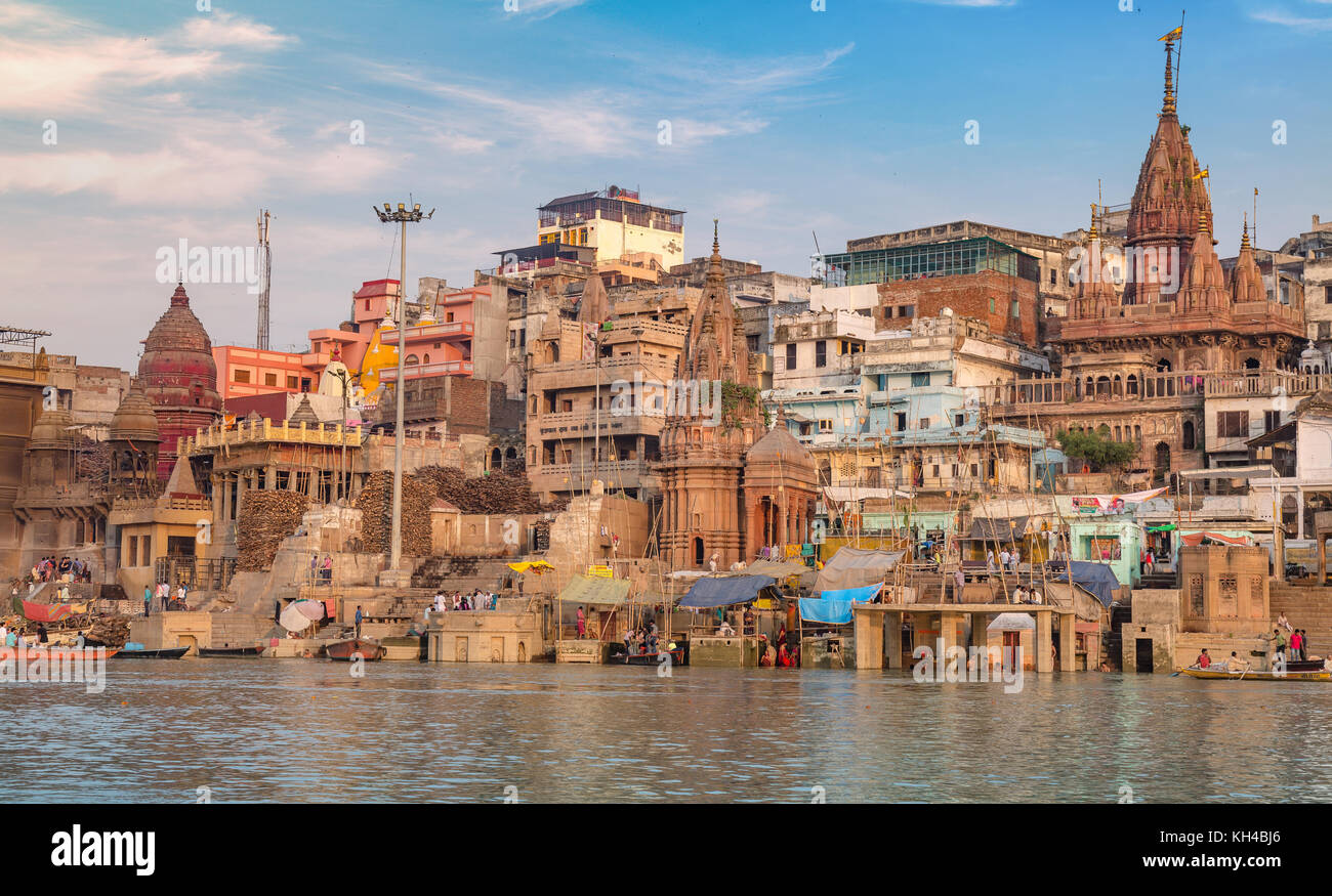 Varanasi city view with old architectural buildings and temples along ...