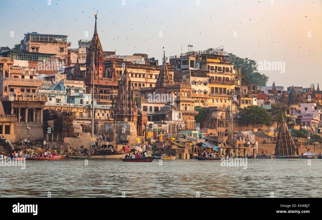 Varanasi city view with old architectural buildings and temples along ...