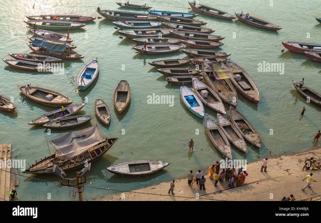 Varanasi India Ganges river bank aerial view with ancient architectural ...