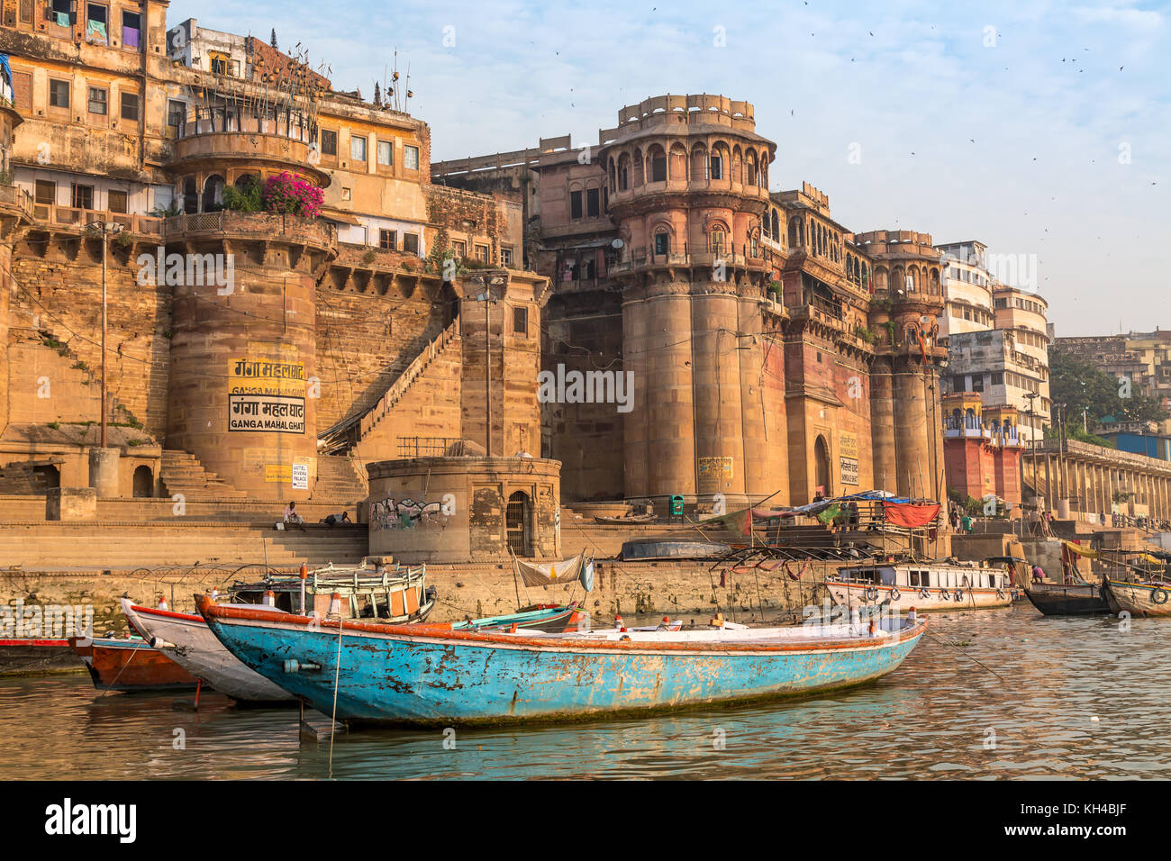 Varanasi city view with old architectural buildings and temples along ...