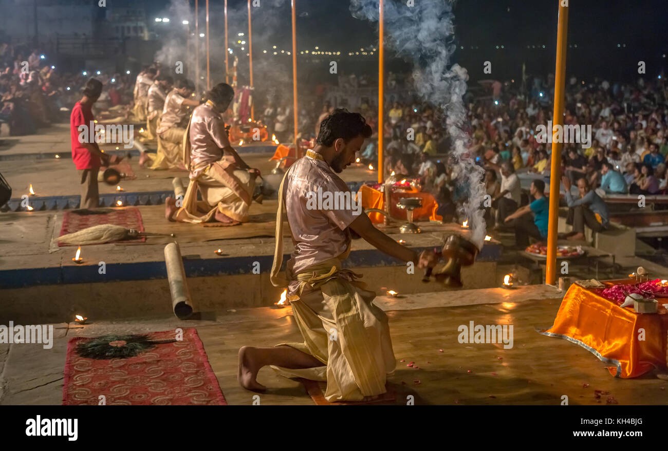 Varanasi Ganga aarti ceremony rituals performed by Hindu priests at ...