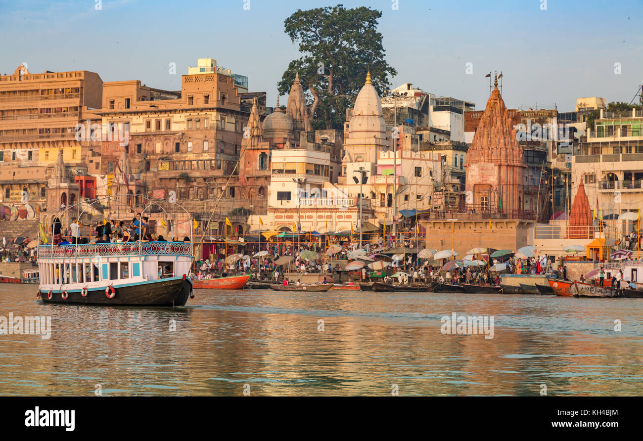 Varanasi city view with old architectural buildings and temples along ...