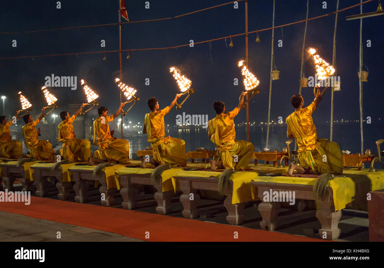Varanasi Ganga aarti ceremony rituals performed before sunrise by young ...