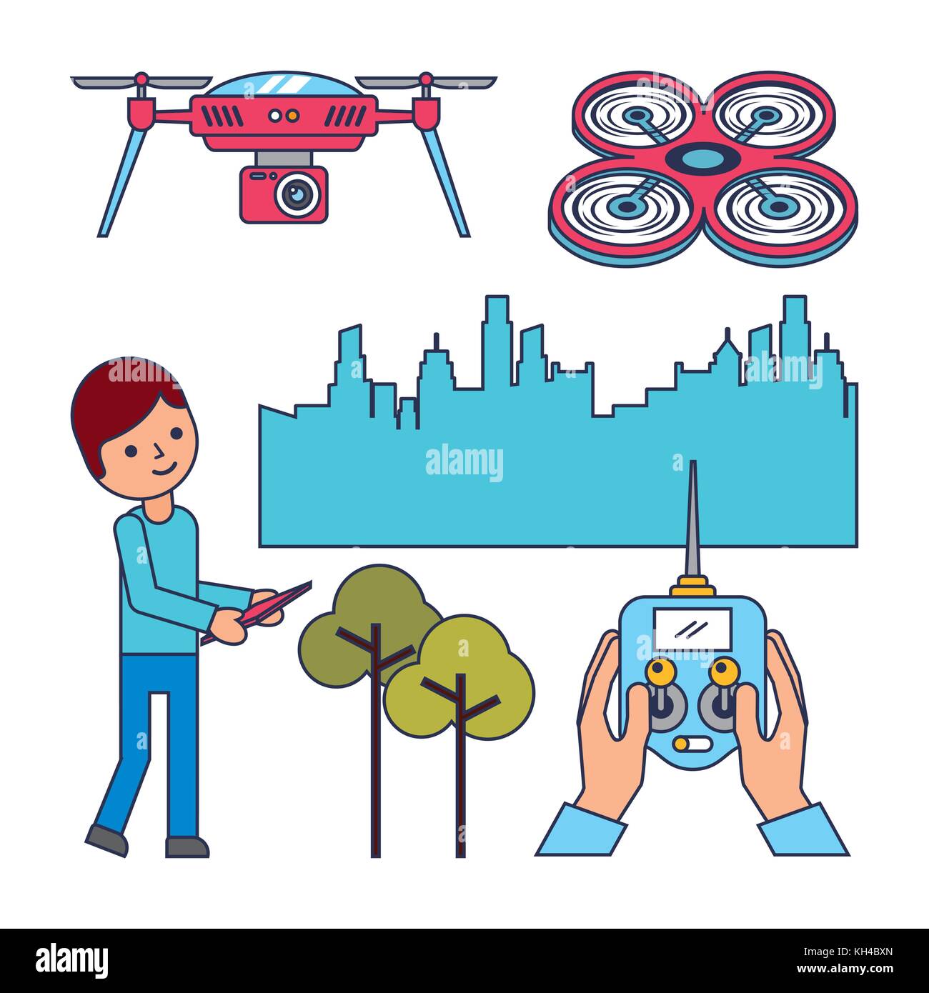 drone concept boy remote control city and tree design Stock Vector ...