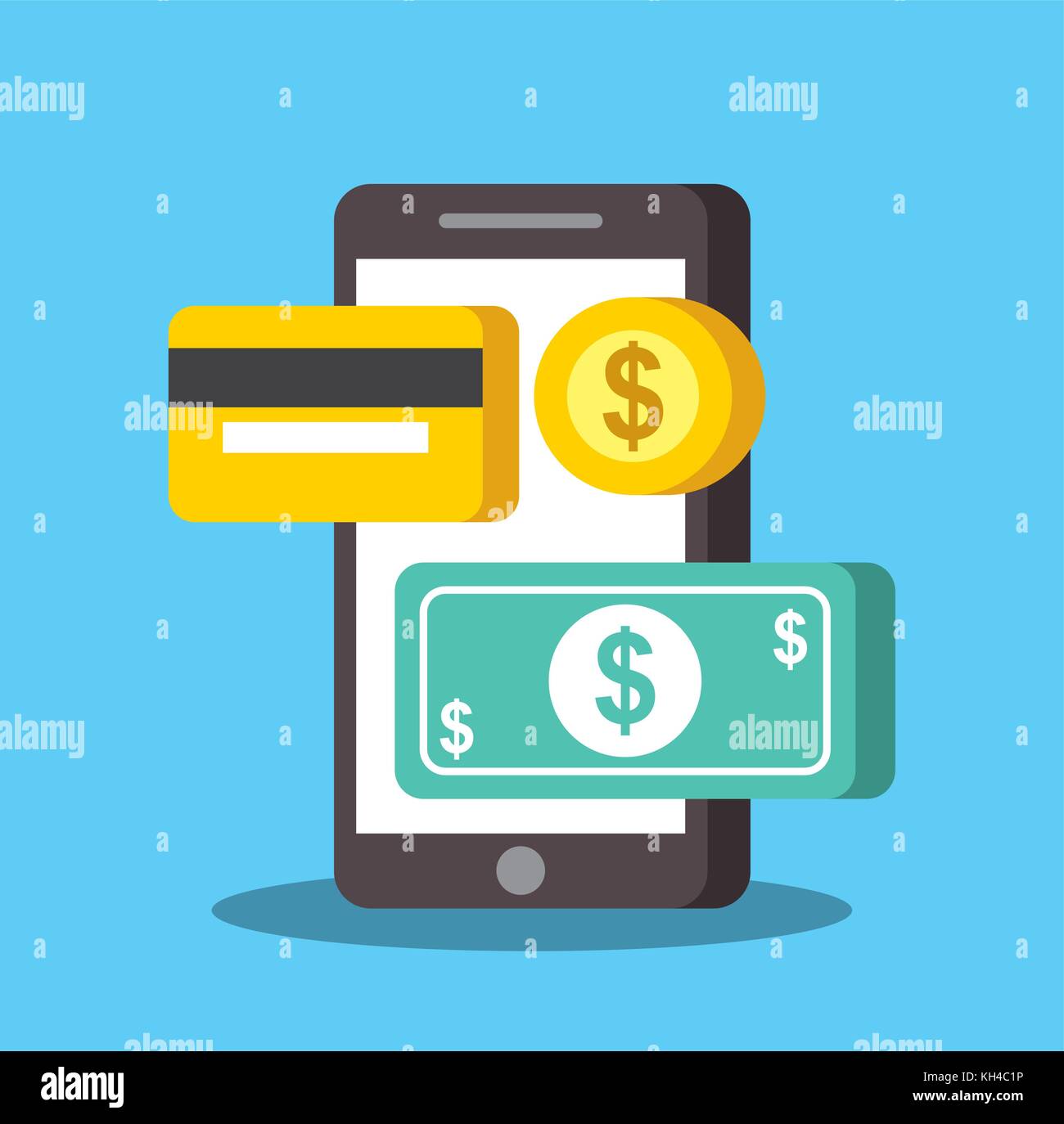 modern smartphone with processing of mobile payments money credit card ...