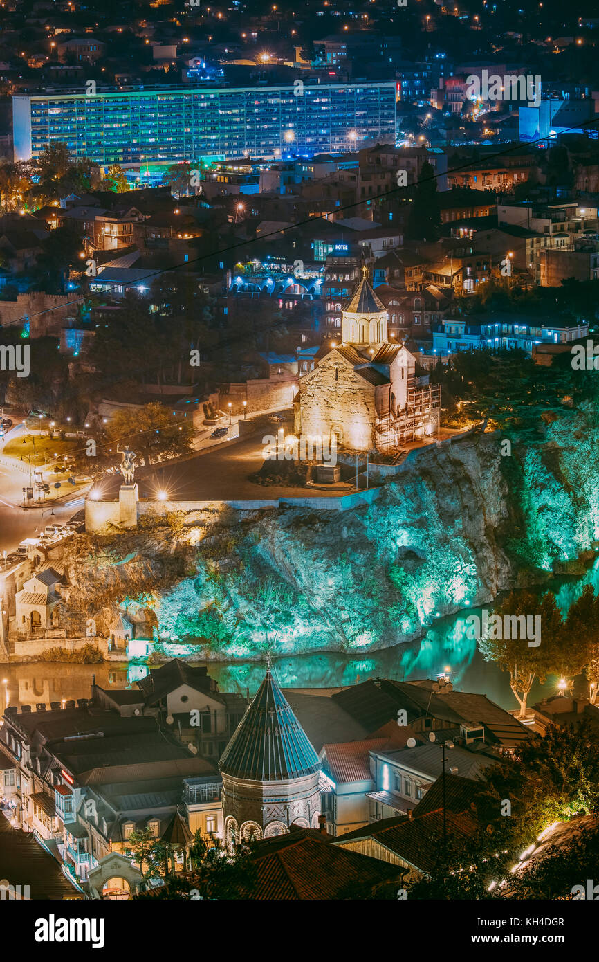 Tbilisi, Georgia. Night Evening Illuminated View Of Metekhi Church And ...