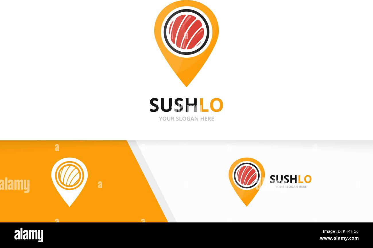 Vector sushi and map pointer logo combination. Japanese food and gps ...