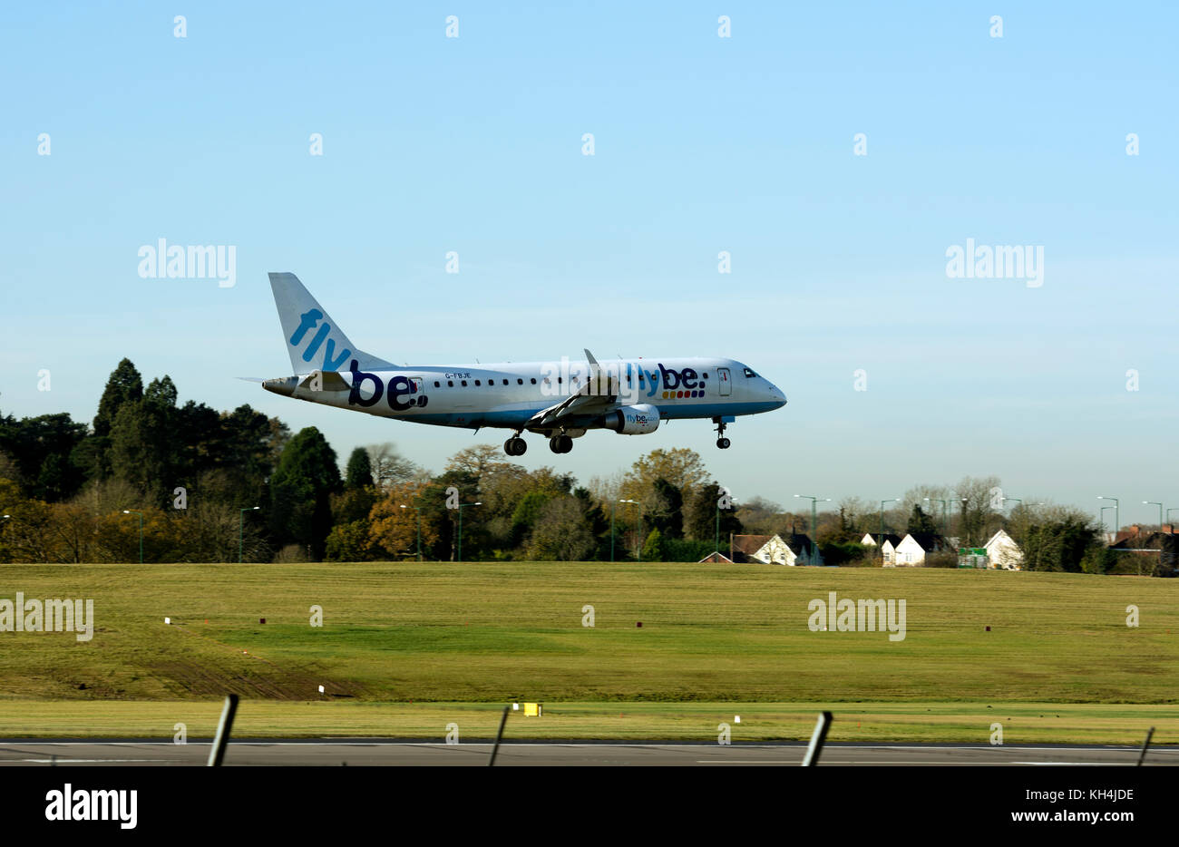 Flybe Embraer ER175 landing at Birmingham Airport, UK (G-FBJE Stock ...