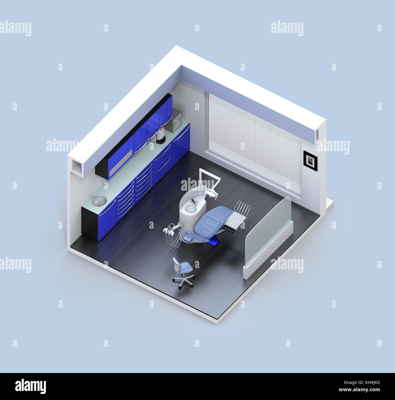 Isometric view of dental clinic interior with dental chair, cabinet and ...