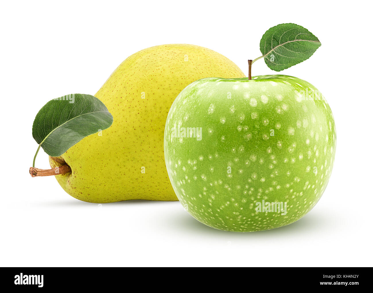 Yellow pear and green apple with leaf isolated on white background ...