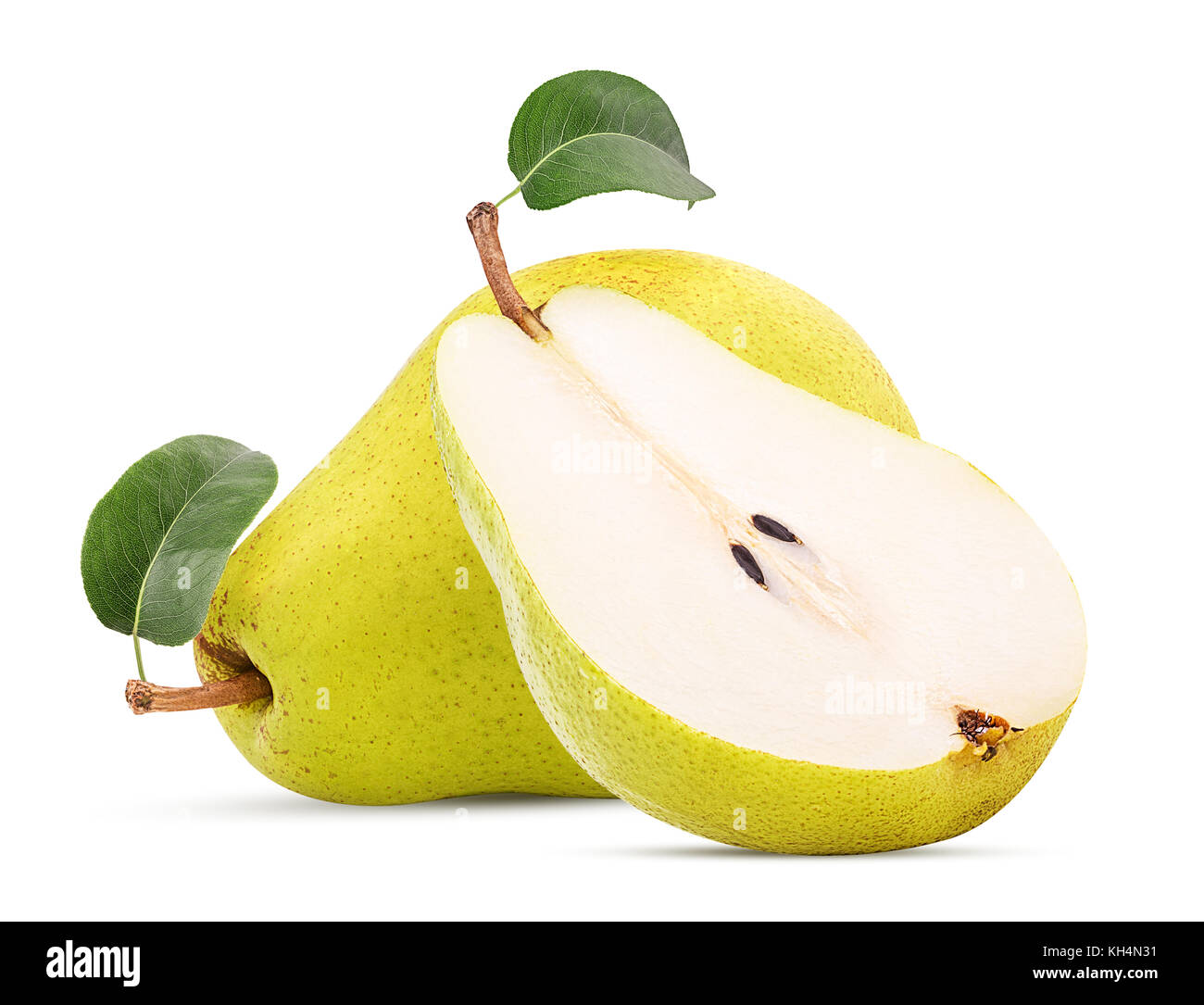 Fresh pears, one and a half yellow fruit with leaf isolated on white ...
