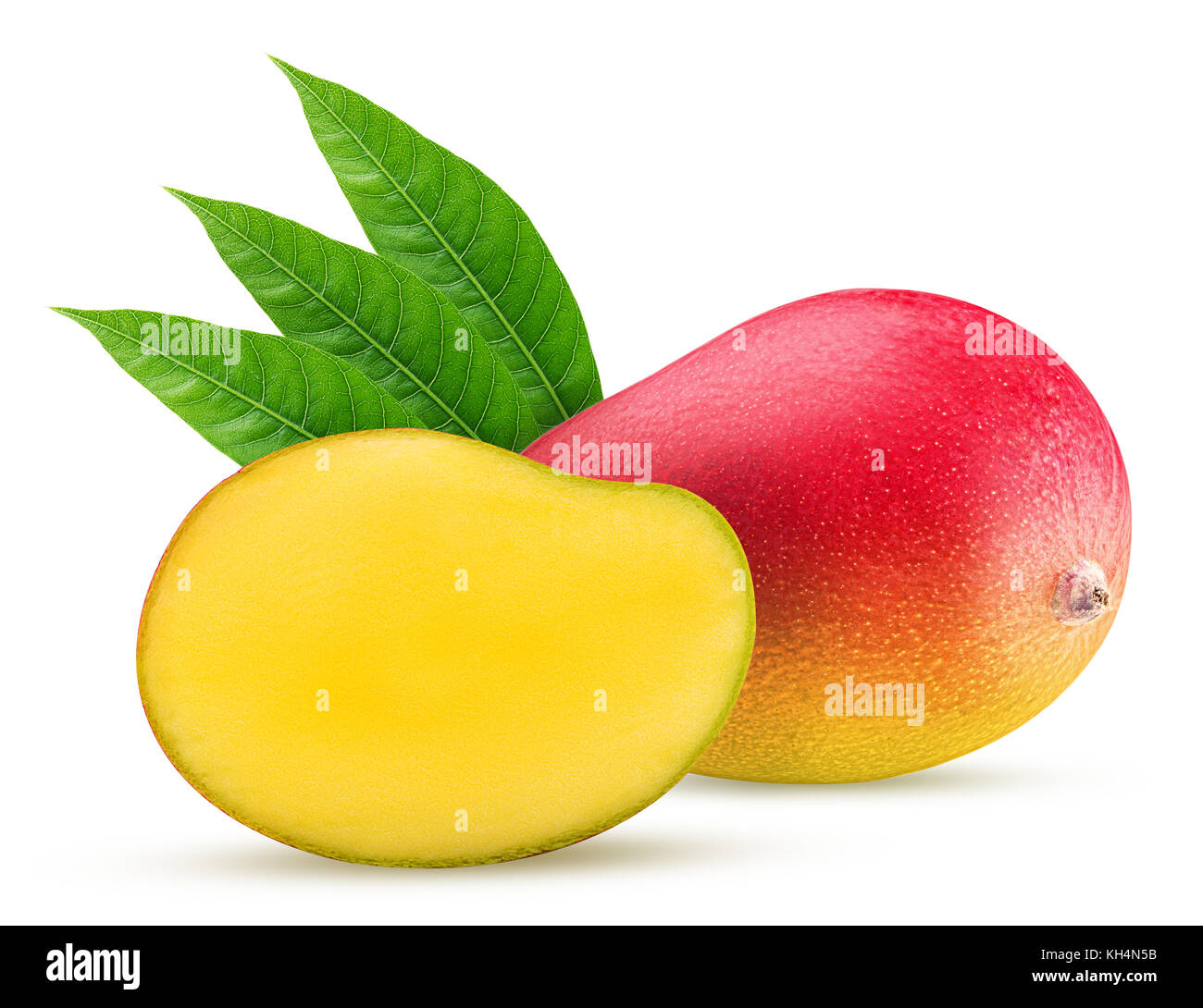 Mango with a leaf exotic friut and one cut in half isolated on white ...