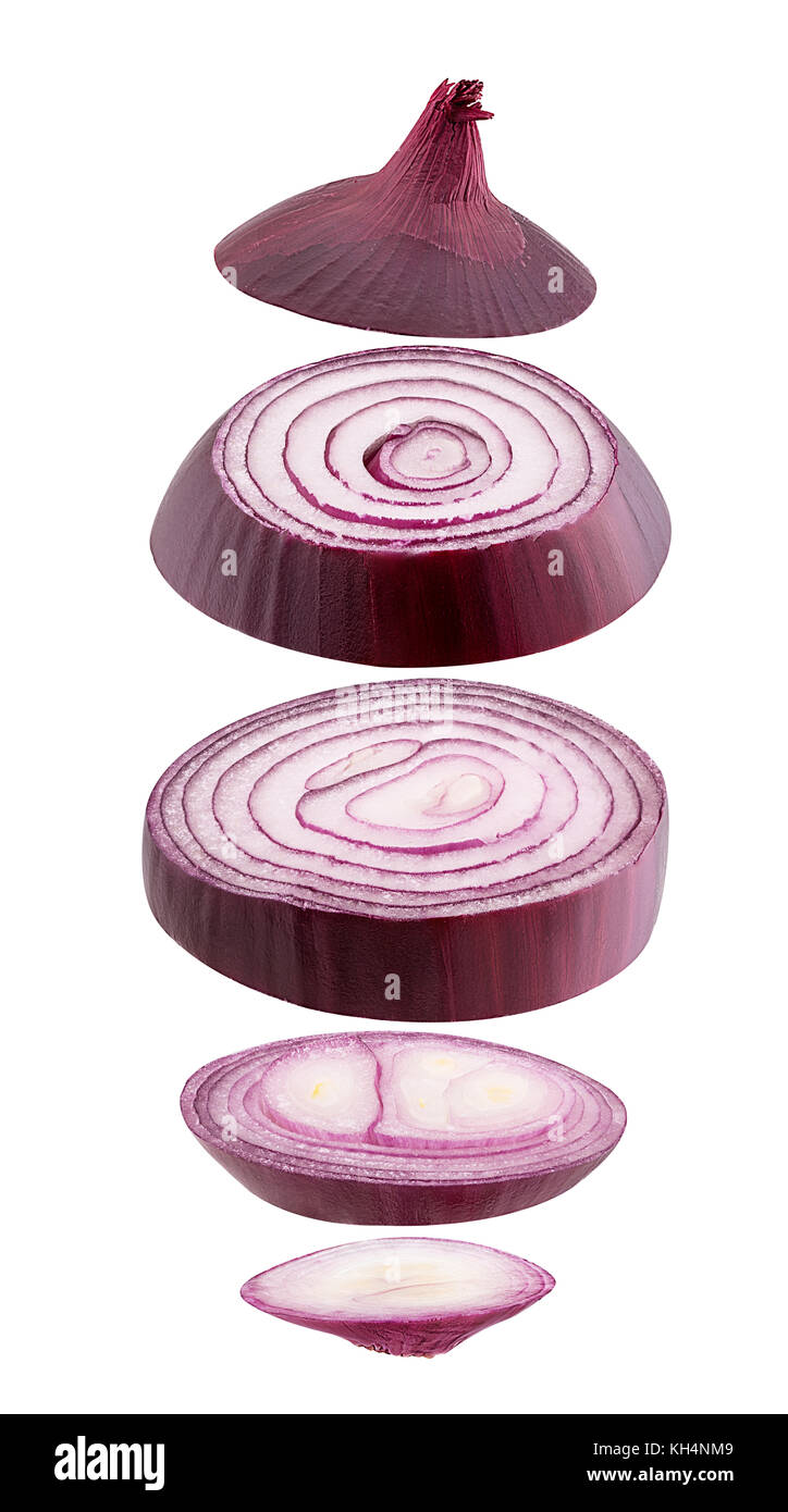 Red onion sliced and falling isolated on white background. Clipping ...