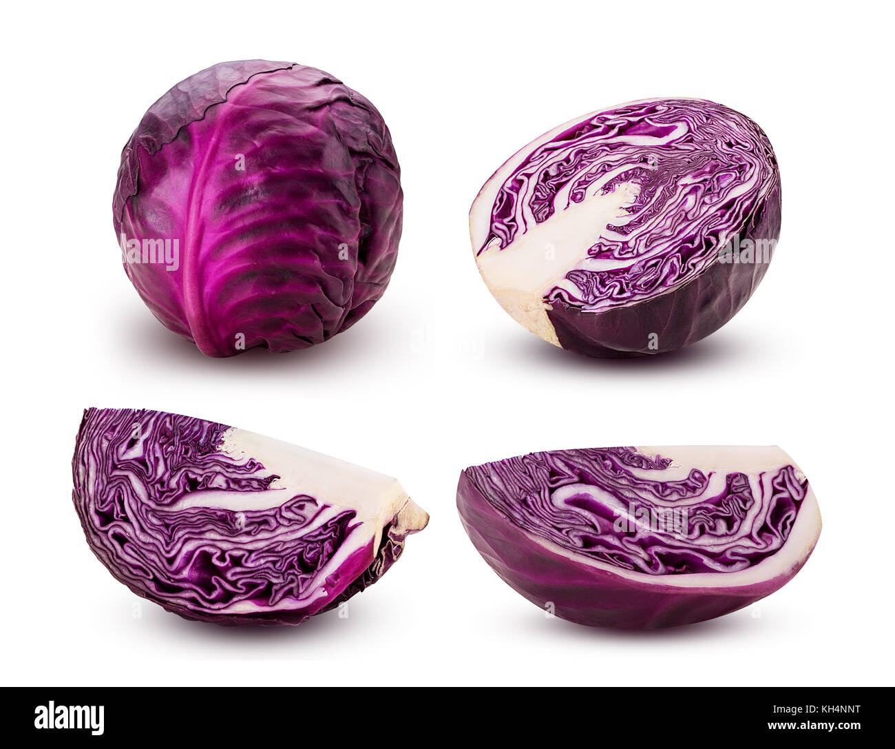 Set red cabbage cut in half and quarters isolated on white background ...