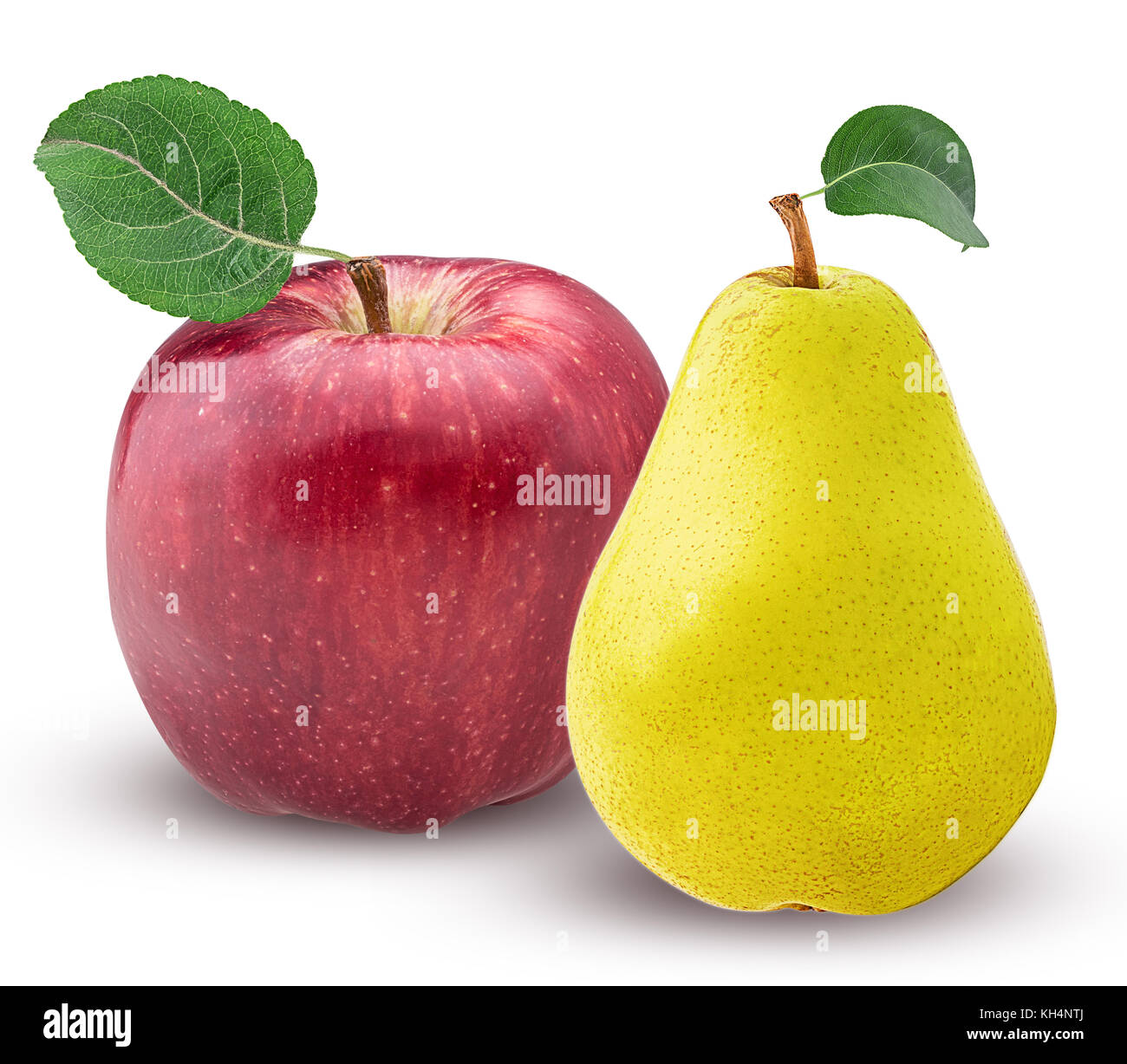 Yellow pear and red apple with leaf isolated on white background ...