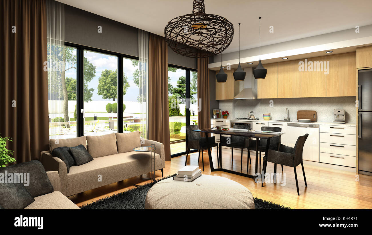 3D realistic view and render of interior design Stock Photo - Alamy