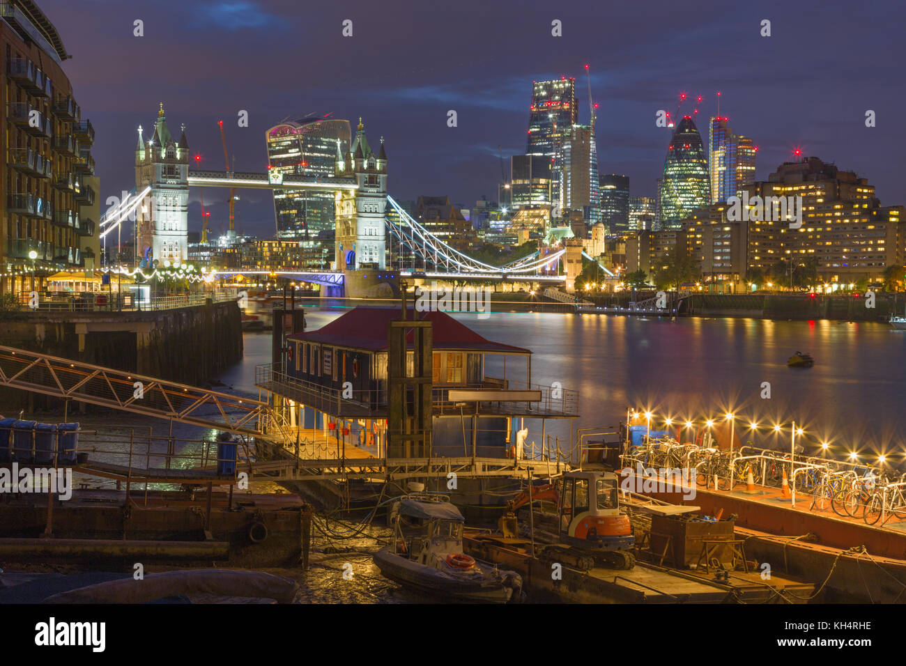 London - The Tower Bride, ships and skyscrapers at dusk Stock Photo - Alamy