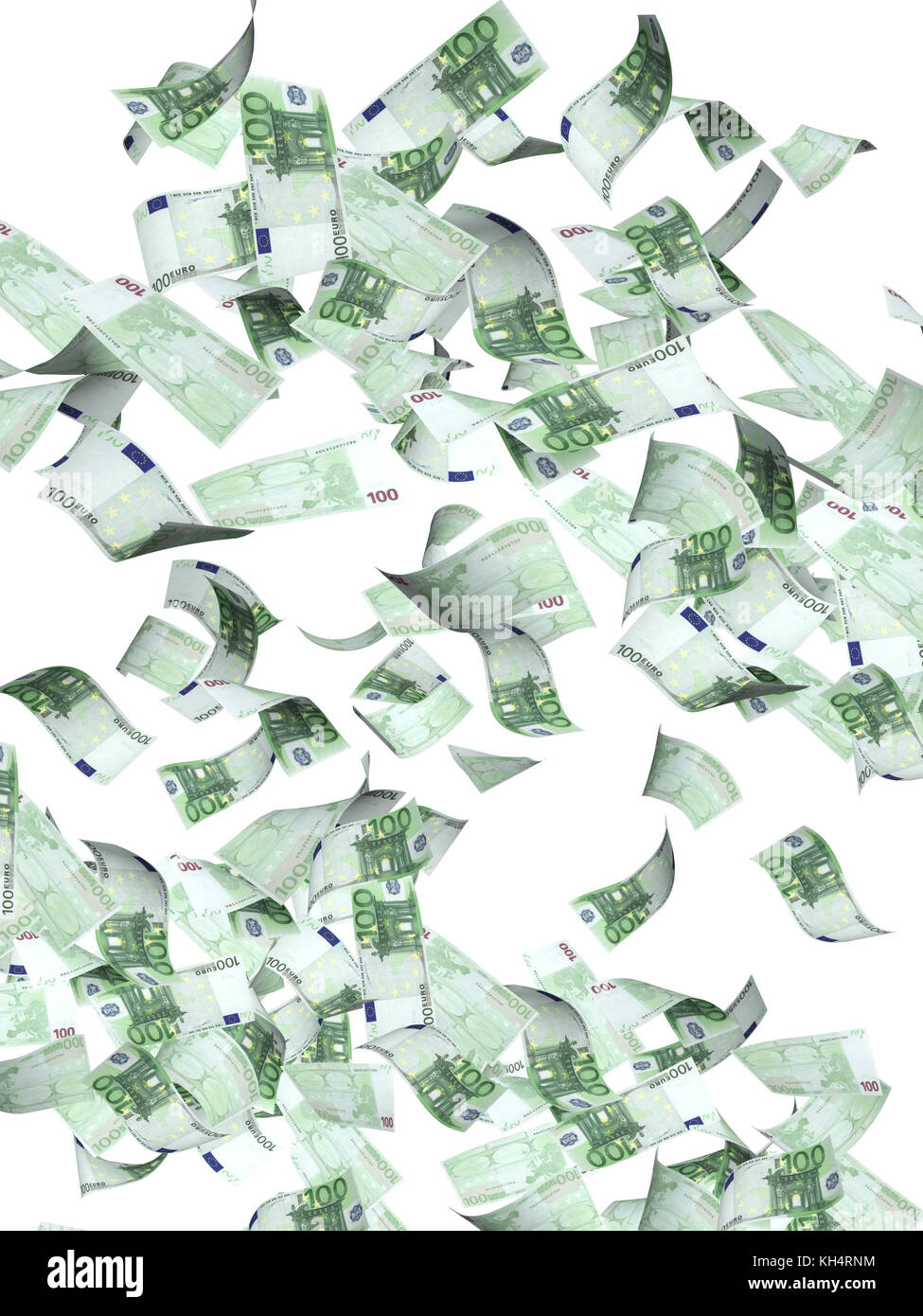 Flying banknotes of hundred euro. Isolated on white background. 3d ...