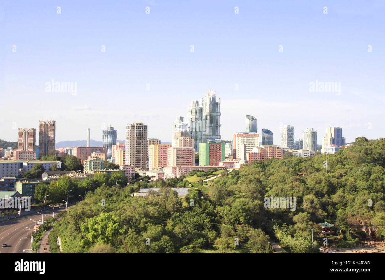 Aerial view of new residential complex in the street Ryomyong ...