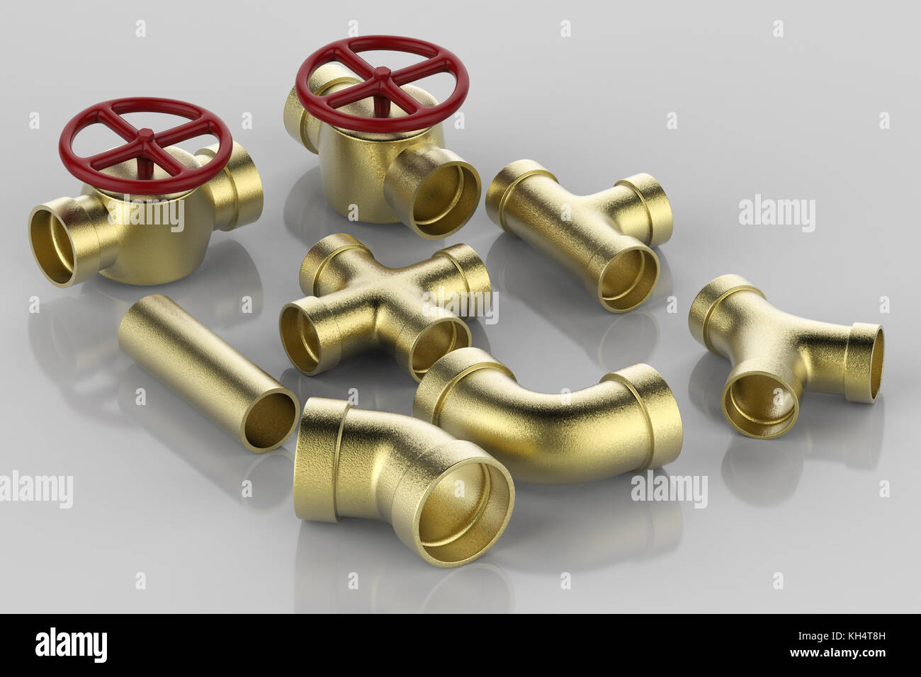 3d rendering golden pipe with pipe joint and valve Stock Photo - Alamy