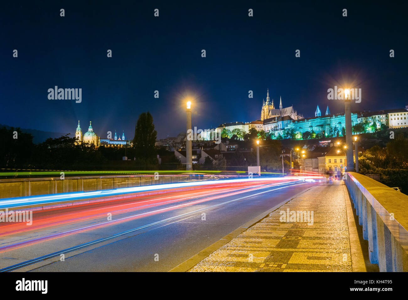 Prague, Czech Republic. Night View To Lesser Town From Manes Bridge ...