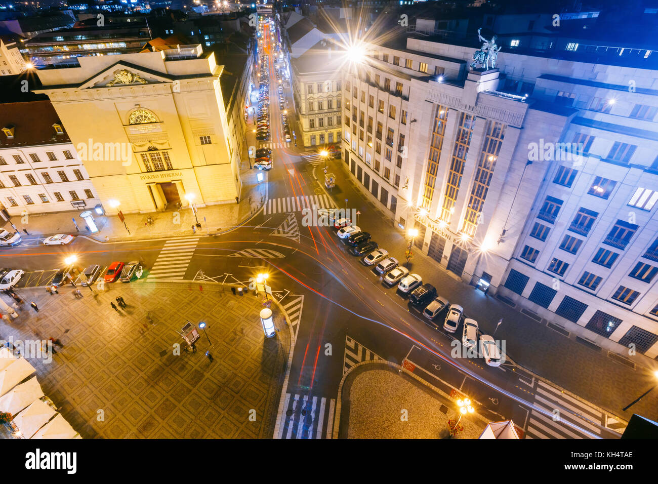 Prague, Czech Republic. Night View Of Building Of The Czech National ...