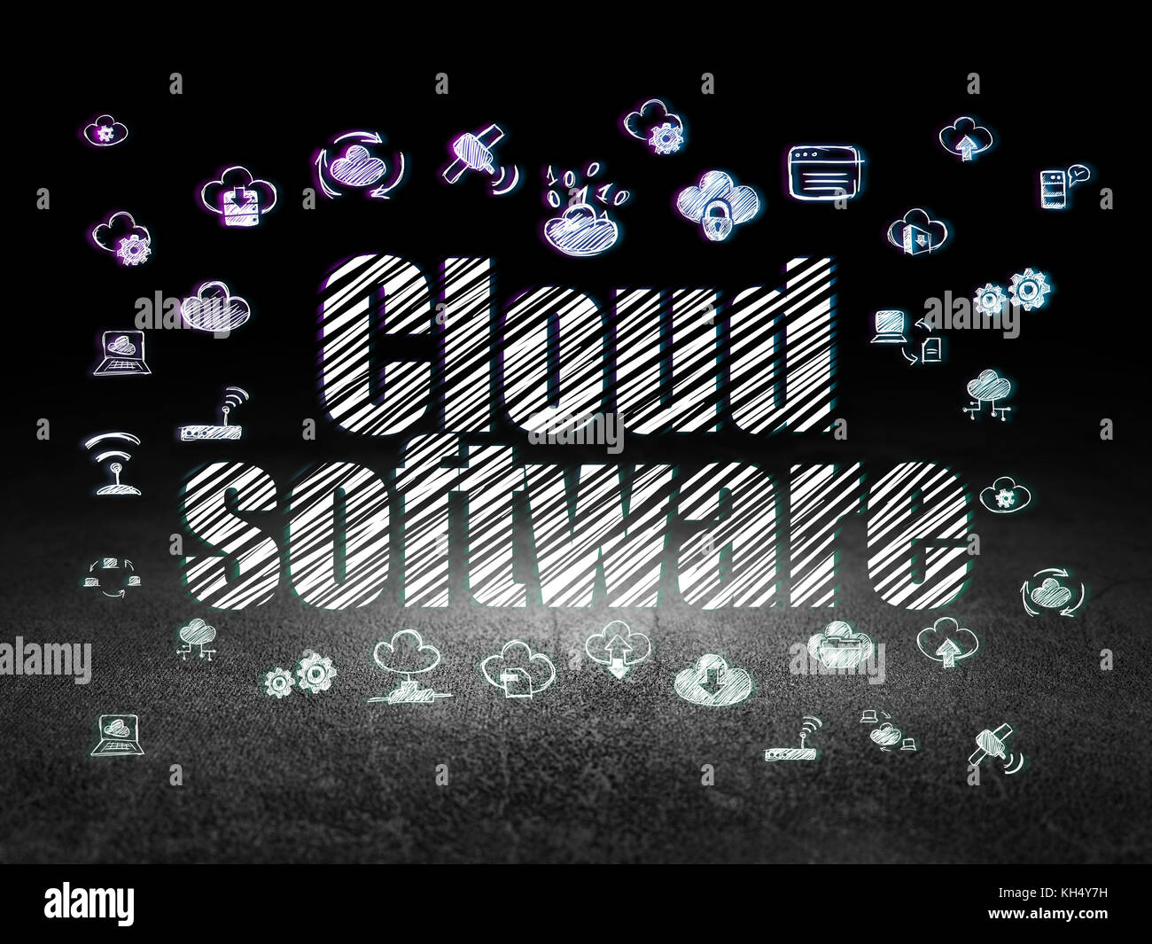 Cloud networking concept: Cloud Software in grunge dark room Stock ...