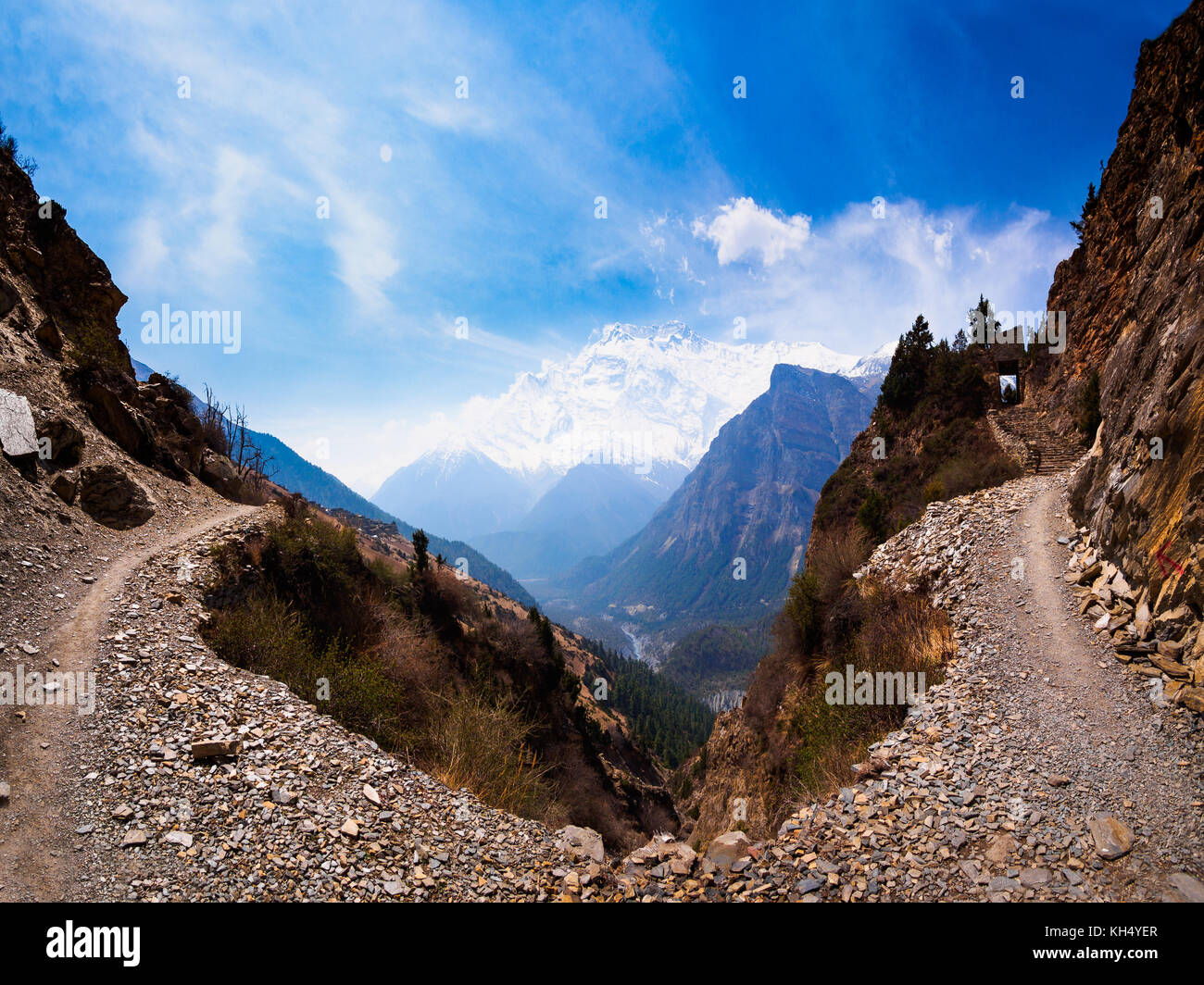 Tight bend in cliff-edge foot trail from Ghyaru to Manang, Annapurna ...
