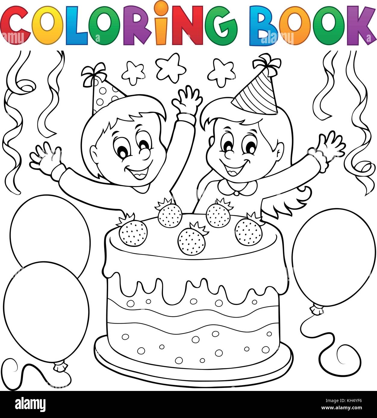 Coloring book cake and kids celebrating - eps10 vector illustration ...