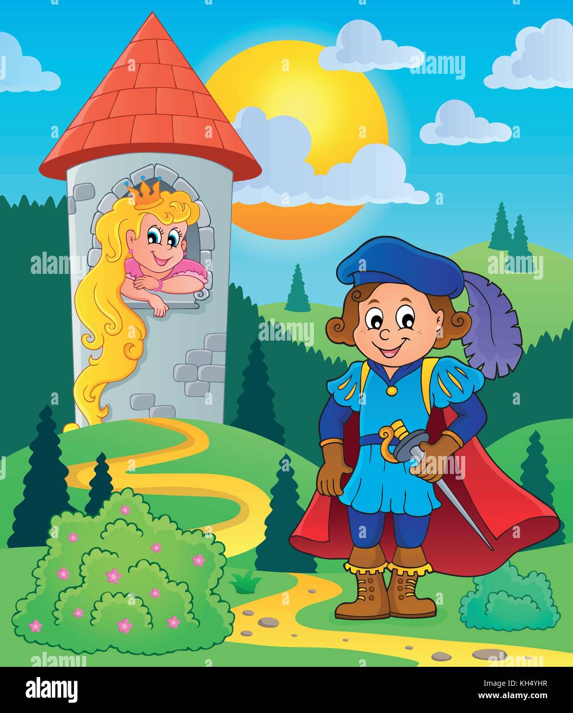 Prince near tower with princess - eps10 vector illustration Stock ...