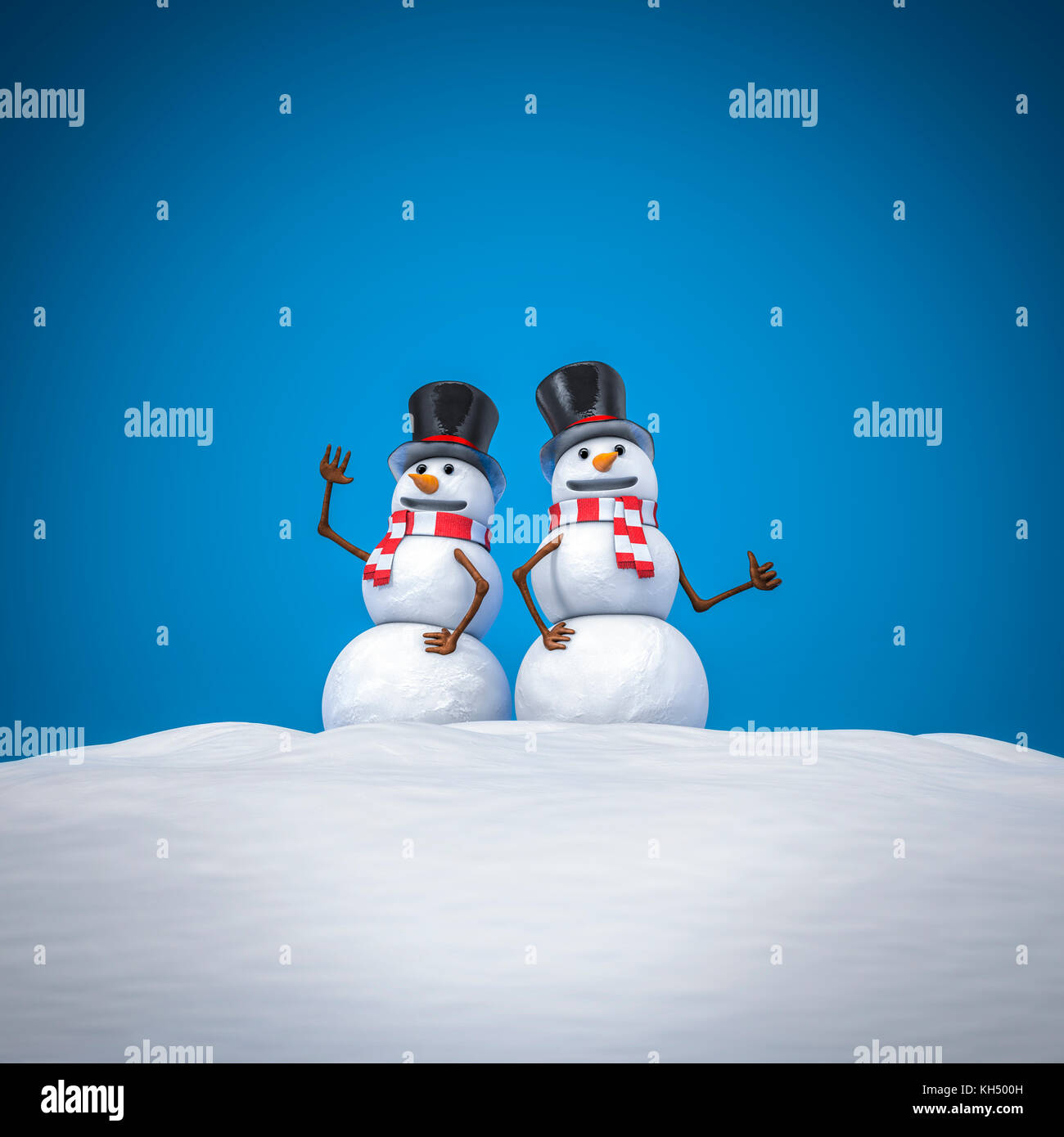 Merry pair of snowmen / 3D illustration of smiling snowmen with copy ...