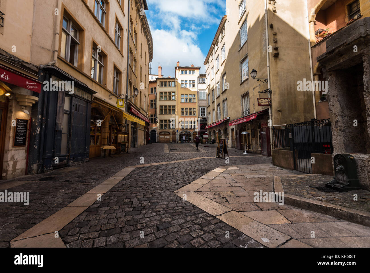 Lyon, France--November 6, 2017--Shops and Restaurants clustered in the ...