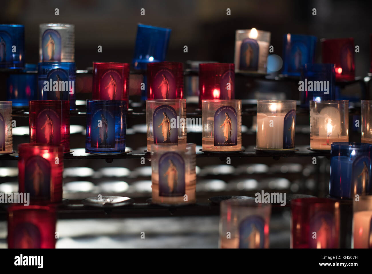 Lyon, France -- November 6, 2017 -- Lit Candles in the Bassilica of ...