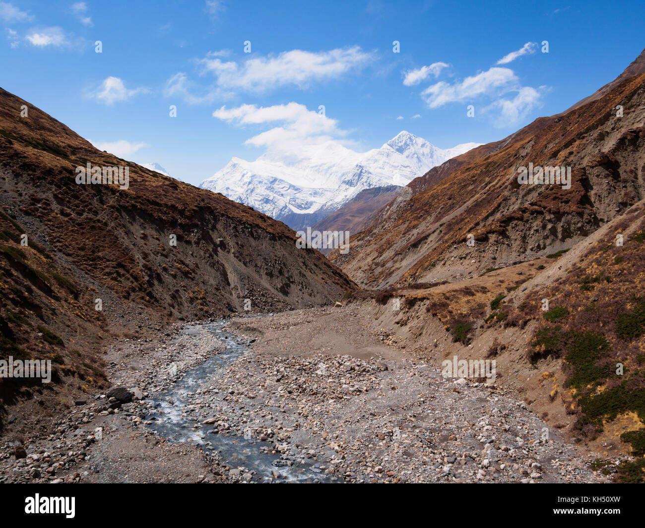 High altitude river valley between Ledar and Thorung Phedi, with ...