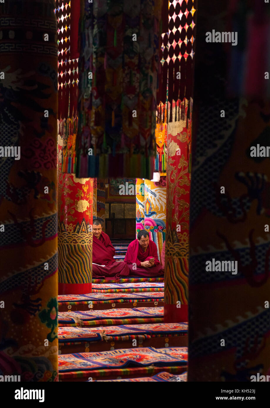 Monks praying and meditating inside Longwu monastery, Tongren County ...